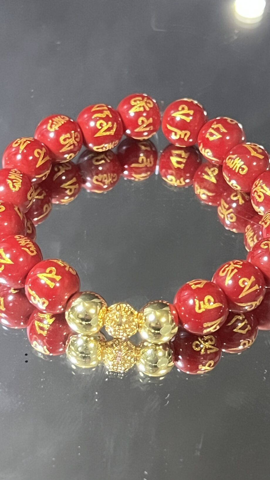 18k Gold Money balls charm. Red beads mantra prayers Onyx